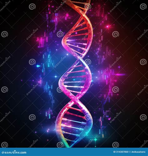Colorful Dna Strand With Neon Glow Effect On Dark Technological