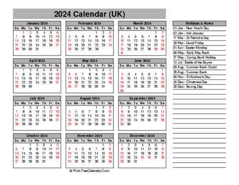 Download Year 2024 Calendar Printable With Uk Bank Holidays Sunday