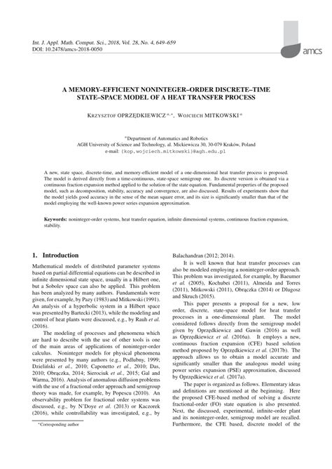 Pdf A Memoryefficient Nonintegerorder Discretetime Statespace Model Of A Heat Transfer Process