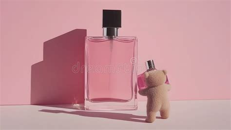 Cute Teddy Bear With Pink Perfume Bottles On Pink Good Resolution Stock