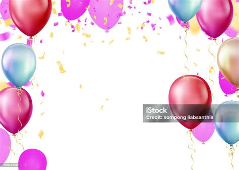 화려한 풍선과 색종이 조각이 있는 축하 배경 벡터 그림입니다 3차원 형태에 대한 스톡 벡터 아트 및 기타 이미지 3차원 형태