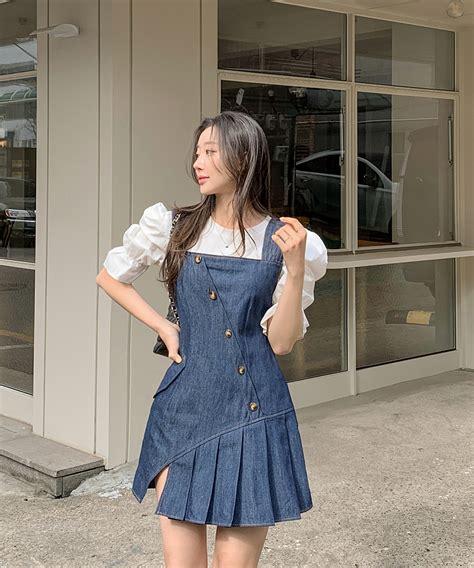드웰린 퍼프 티셔츠 서스펜더 데님 미니원피스 세트신상데일리룩데일리봄레이어드뷔스티에투피스세트러블리벚꽃룩청멜빵