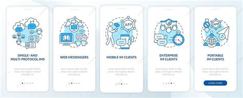 Blue Onboarding Mobile App Page Screen Displaying Different Types Of Instant Messaging Software