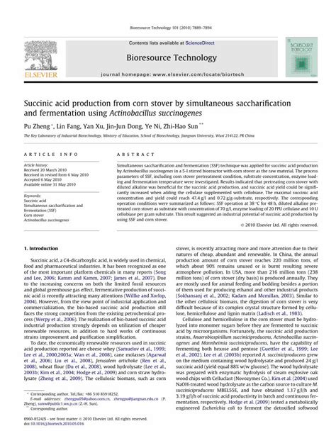 Pdf Succinic Acid Production From Corn Stover By Simultaneous