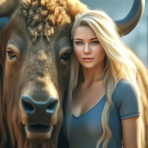 Huge Bison Girl Blonde Hair Hyperrealisticbeautifulhigh Detail