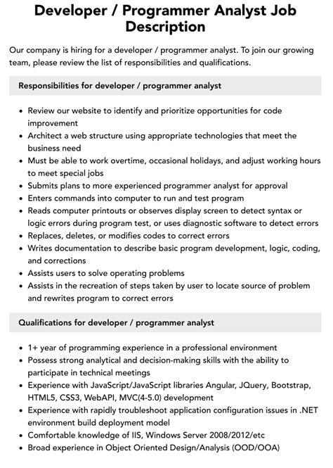 Developer Programmer Analyst Job Description Velvet Jobs