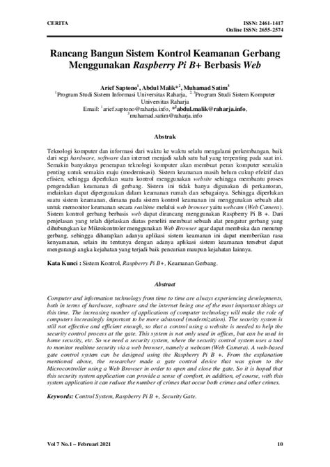 Pdf Rancang Bangun Sistem Kontrol Keamanan Gerbang Menggunakan Raspberry Pi B Berbasis Web