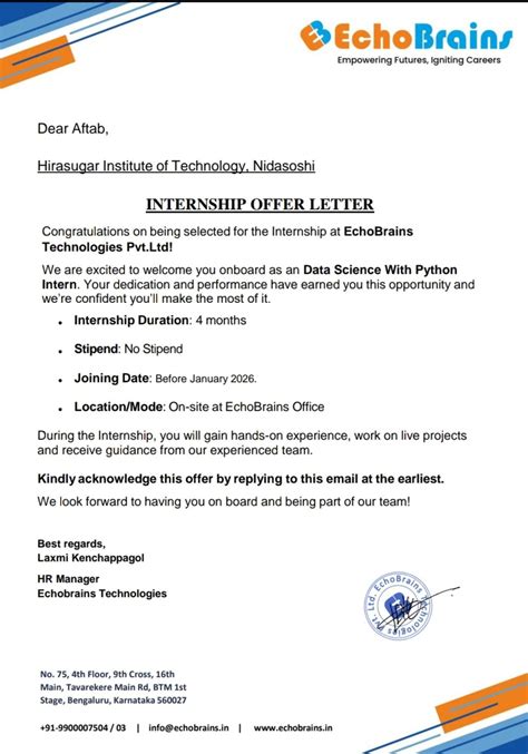 Offerletter Dextrisinfoservicespvtltdbanglore Echobrainstechnolpgypvtltd Datascience Python