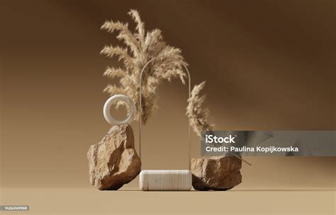 갈색 배경에 3d 연단 나무 디스플레이 마른 팜파스 잔디와 바위 베이지 색 가을 화장품 그림자가있는 뷰티 제품 프로모션 받침대 자연 돌 쇼케이스 추상적인 최소 스튜디오 3d