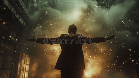 Businessman In Dramatic Industrial Explosion Scene Stock Image Image Of Victory Bold 350629233