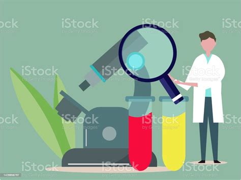 실험실에서 일하는 남자 화학 연구 현미경 및 비이커 흰 코트를 입은 학생 벡터 일러스트 레이 션 개발에 대한 스톡 벡터 아트 및