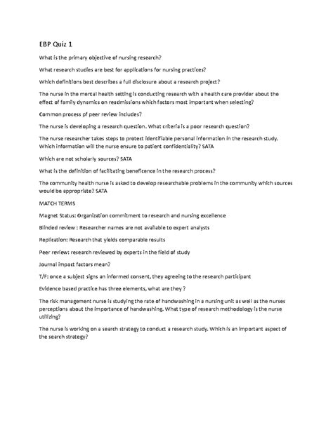 EBP Quiz 1 Quiz 1 Study Guide EBP Quiz 1 What Is The Primary Objective Of Nursing Research