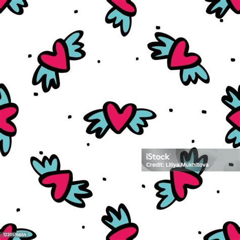 패션 요소와 여성 원활한 패턴 날개와 왕관 남자와 여자 기호와 마음 손으로 그린 낙서 만화 스타일의 노트북 섬유 벽지 티셔츠에 대한 벡터 트렌디 한 그림 0명에 대한 스톡