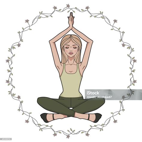 패션 소녀 요가 연습입니다 로터스 명상 자세입니다 요가 위치에 앉아 젊은 아름 다운 여자 디자인 카드 요가 스튜디오 포스터 천연 화장품에 대 한 템플릿 건강한 생활방식에