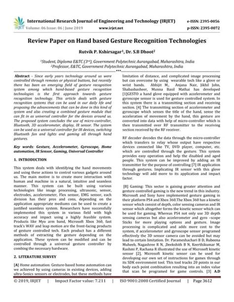 Irjet Review Paper On Hand Based Gesture Recognition Technologies Pdf