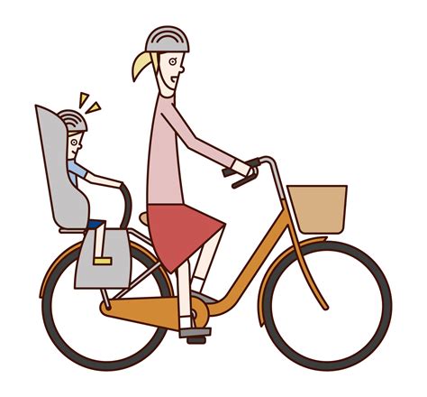 아이 시트에 아이와 함께 자전거를 타는 여성의 그림 무료 일러스트 소재집 Kukukeke