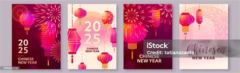 중국 설날 2025 세트 벡터 일러스트 레이 션 중국 등불과 밝은 불꽃 놀이 현대 럭셔리 동양 전통적인 배경 커버 인사말 카드 축하 배너 포스터 2025년에 대한 스톡 벡터