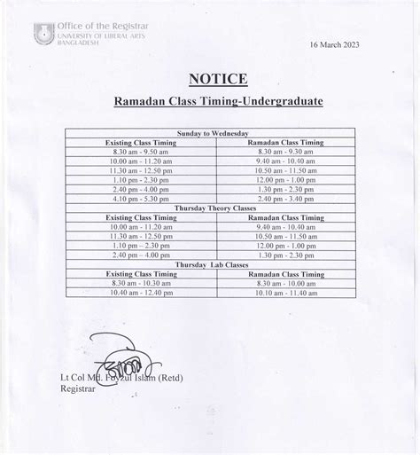 Ramadan Class Timing 2023 Undergraduate University Of Liberal Arts
