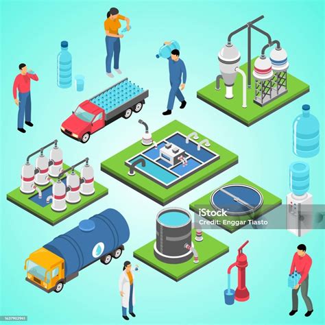 물 정화 아이소메트릭 아이콘 세트 벡터 아이소메트릭 정수 기술 배럴 실험실 플라스크 폭기 수영장 및 작업자 벡터 일러스트레이션이 있는 격리된 아이콘 세트 0명에 대한 스톡