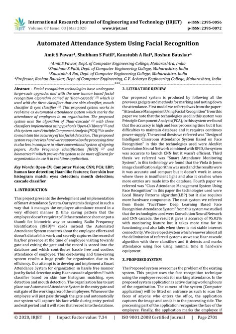 Irjet Automated Attendance System Using Facial Recognition Pdf