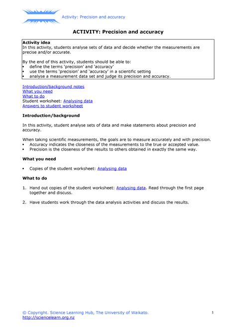 Precision And Accuracy Activity And Answer Key Activity Precision And Accuracy Activity Idea