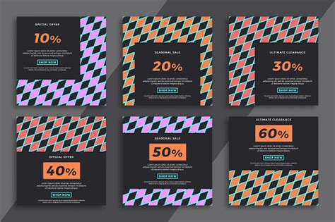 소셜 미디어 모바일 응용 프로그램에 대한 현대 판매 및 할인 프로모션 배경 기하학적 패턴의 어두운 사각형 광고 웹 배너 세트