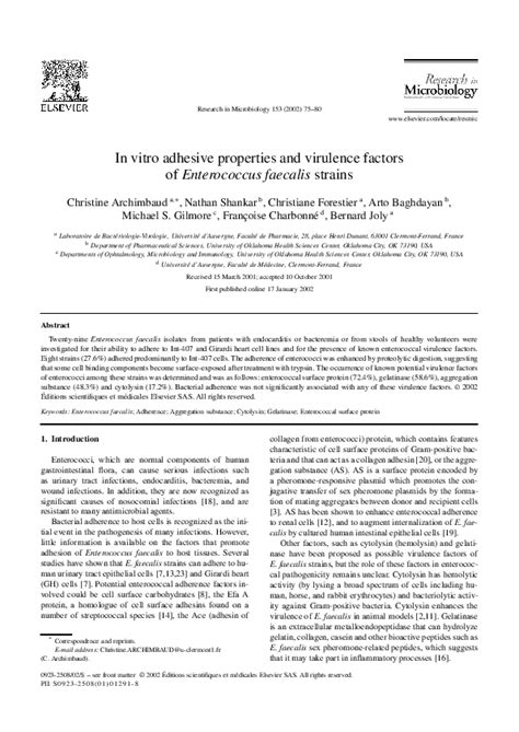 Pdf In Vitro Adhesive Properties And Virulence Factors Of Enterococcus Faecalis Strains