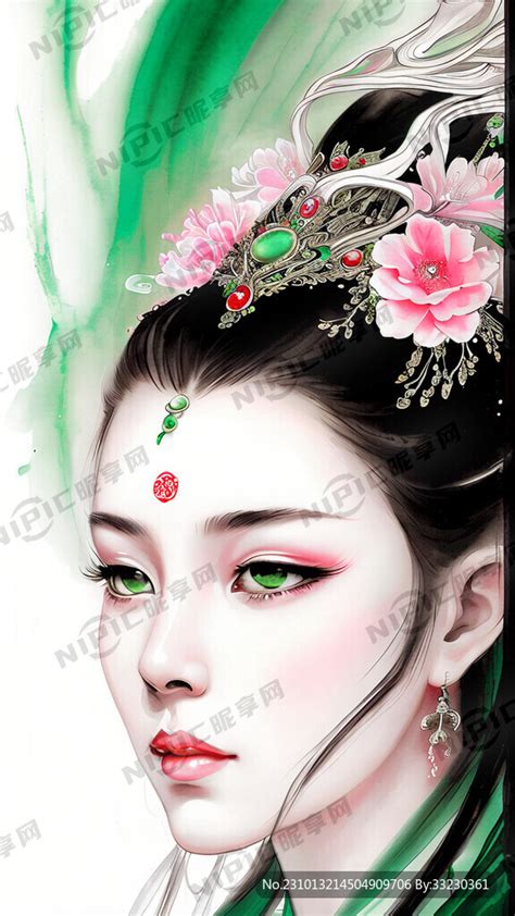 Ai创作图关于古代公主的中国精心绘画粉红色白色和绿色 特写 明亮的眼睛 流动简约的优雅线条 华三川 极简主义 8k 特写脸 空间美学构图