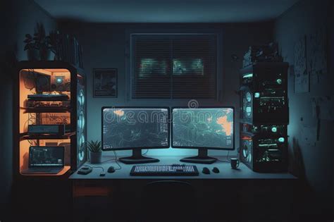 Illustration Dark Room With Computer Desk And Monitor Ai Generative