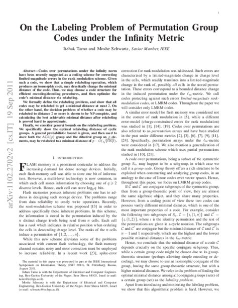 Pdf On The Labeling Problem Of Permutation Group Codes Under The Infinity Metric