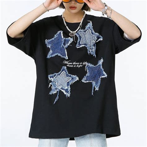 Lemandik Cute T Shirt Denim Star Patch Black S Trendy Tshirts