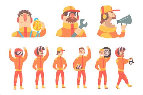 드라이버와 피트 스톱 기술자 팀 만화 캐릭터를 포함하여 오렌지 유니폼레이싱 팀 원 기계공에 대한 스톡 벡터 아트 및 기타 이미지 기계공 기술자 남자 Istock