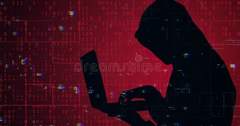 Hacker Laptop And Typing With Code Hologram And Silhouette For Cyber