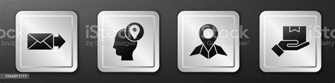 세트 봉투 골판지 상자배달 남자 지도 용지에 자리 표시자 및 상자 아이콘 배달 손 실버 스퀘어 버튼 벡터 0명에 대한 스톡 벡터 아트 및 기타 이미지 Istock
