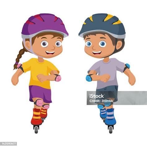 소년과 소녀 라이딩 롤러 롤러 스케이트를 타는 어린 아이들 인라인 스케이트에 대한 스톡 벡터 아트 및 기타 이미지 인라인 스케이트 롤러 스케이트 롤러 스케이팅
