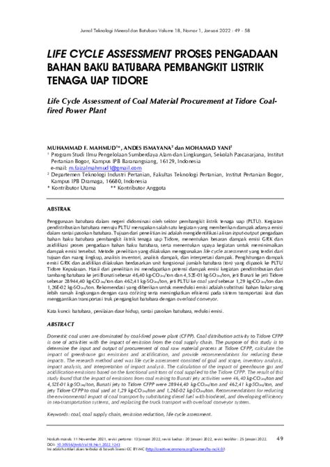 Pdf Life Cycle Assessment Proses Pengadaan Bahan Baku Batubara