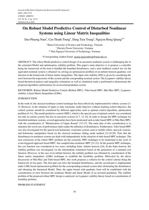 Pdf On Robust Model Predictive Control Of Disturbed Nonlinear Systems Using Linear Matrix
