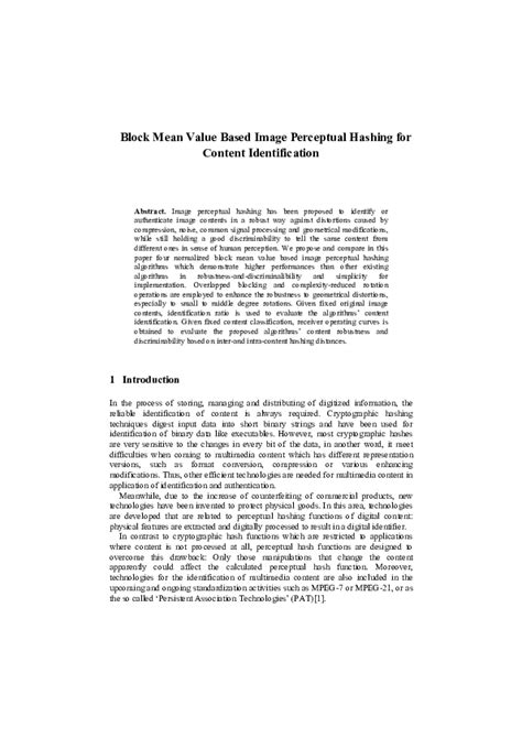 Pdf Block Mean Value Based Image Perceptual Hashing For Content Identification