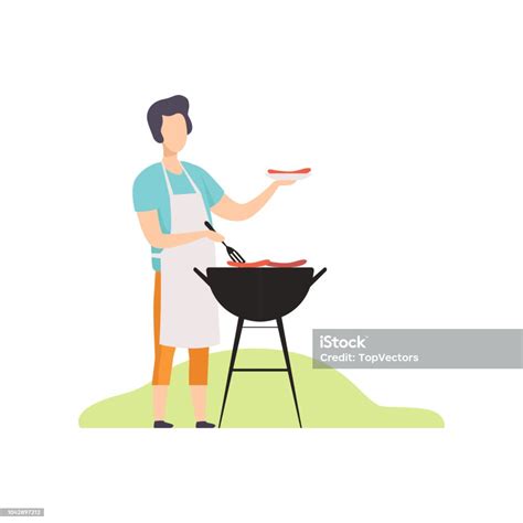 젊은이 흰색 바탕에 바베 큐 그릴 벡터 일러스트 레이 션에 조리 소시지 고기에 대한 스톡 벡터 아트 및 기타 이미지 고기 굽기 꼬챙이 Istock