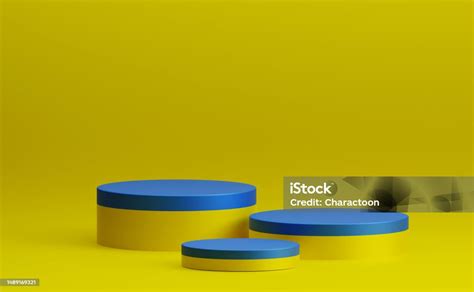 3d 렌더링 최소 파란색 표면 노란색 트리플 실린더 제품 연단 쇼케이스 빈 배경 그림 3차원 형태에 대한 스톡 사진 및 기타 이미지 3차원 형태 강단 곡선 Istock