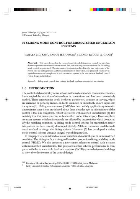 Pdf A Class Of Sliding Mode Control For Mismatched Uncertain Systems