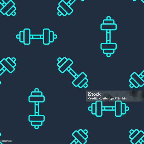 녹색 선 아령 아이콘 은 파란색 배경에 원활한 패턴을 격리 근육 리프팅 아이콘 피트니스 바벨 체육관 스포츠 장비 운동 범벨 벡터 강철에 대한 스톡 벡터 아트 및 기타 이미지