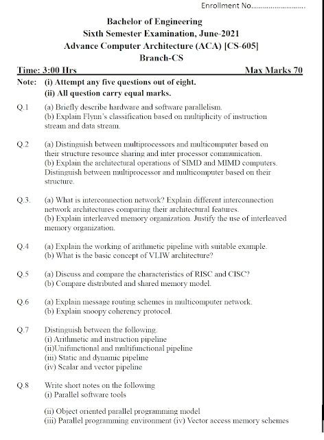 dr a p j abdul kalam university be vi sem cs advance computer architecture aca [cs 605
