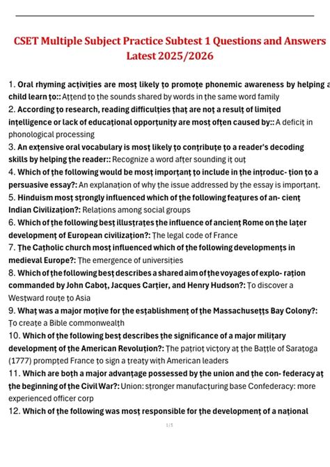 Cset Multiple Subjects Practice Subtest I Questions And Answers Latest 2025 2026 Edition