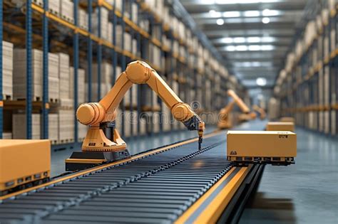 Robot Arm Picking Up Cardboard Box On Conveyor Belt In Warehouse Stock Illustration