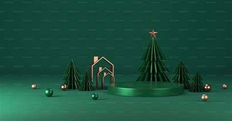 금색 가장자리가 있는 연단과 녹색 크리스마스 트리는 녹색 배경에 금색 가장자리의 우아한 크리스마스와 새해를 가지고 있습니다 제품 및 광고를 표시하기 위한 추상