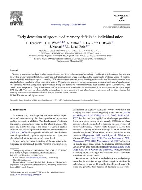 Pdf Early Detection Of Age Related Memory Deficits In Individual Mice