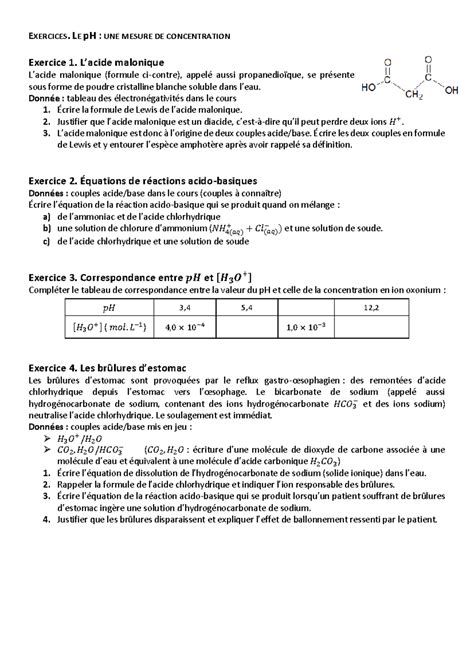 Exercices Acide Base Chap 1 Exercices Le Ph Une Mesure De Concentration Exercice 1 Lacide
