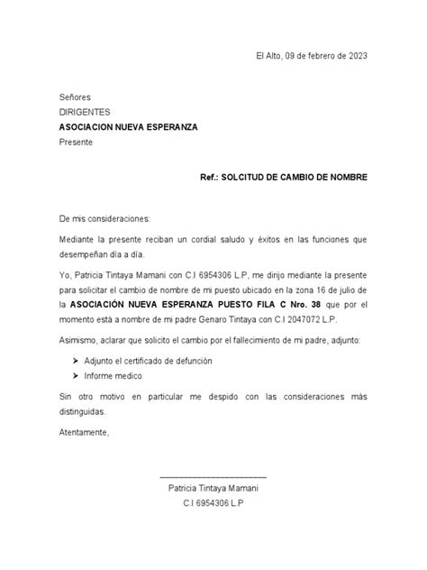 Carta De Cambio De Nombre Pdf