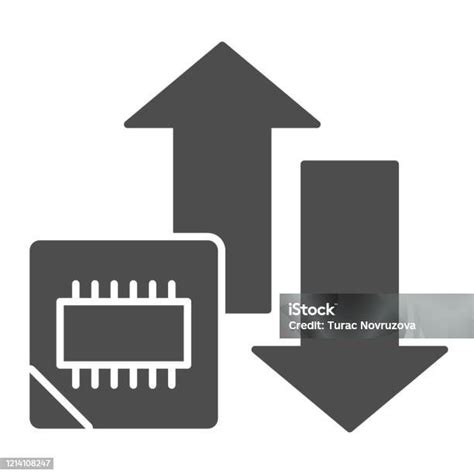 마이크로 칩과 화살표 솔리드 아이콘입니다 프로세서 버스 데이터 피크 처리량 기호 흰색 배경에 글리프 스타일 픽토그램 모바일 개념